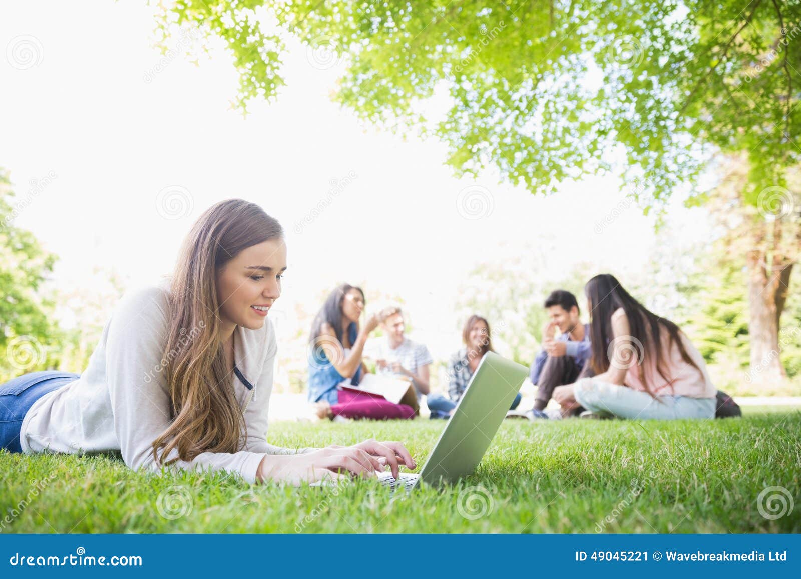 Happy Student Using Her Laptop Outside Stock Image - Image of focus ...