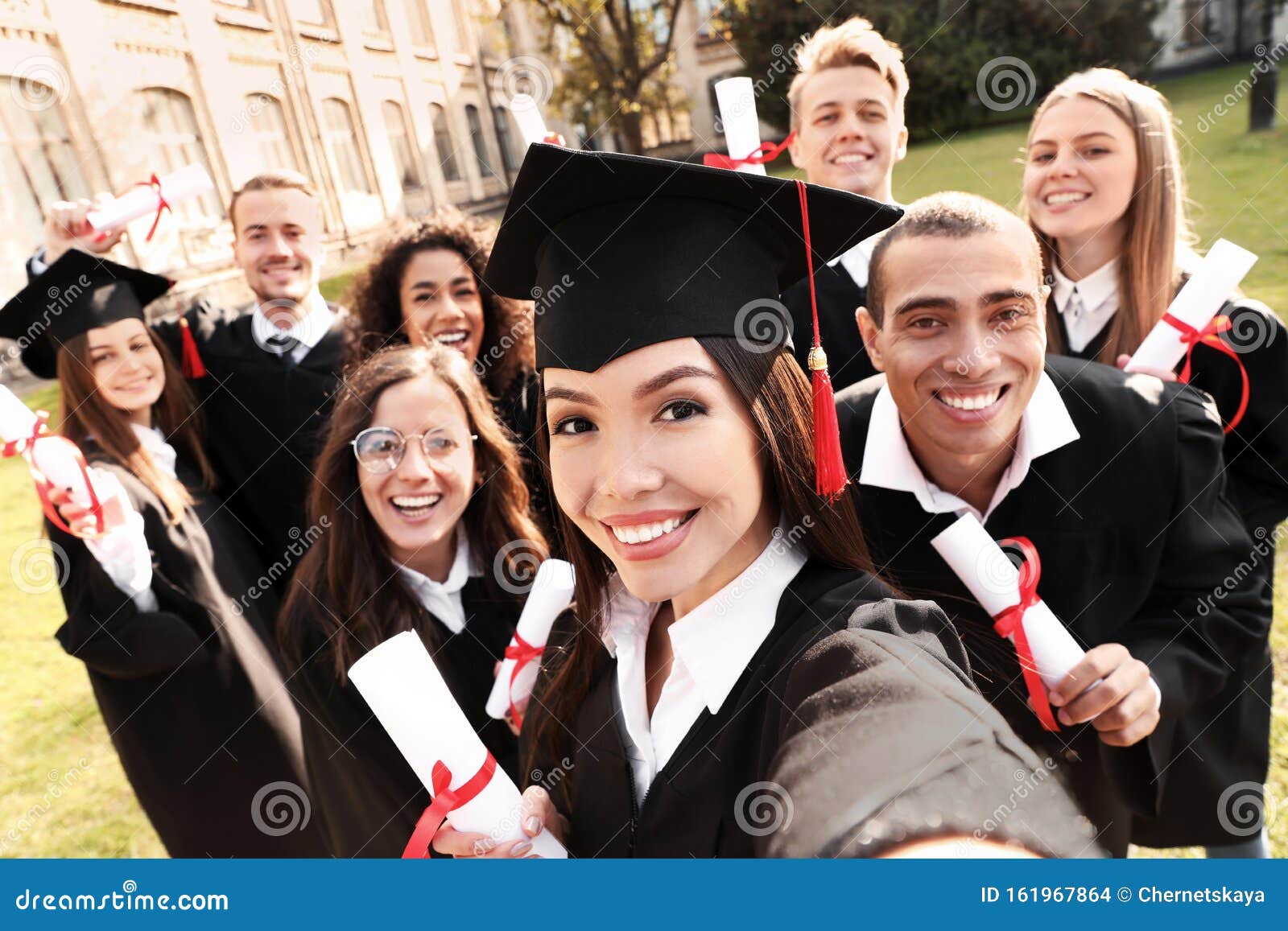 Happy Students with Diplomas Taking Selfie. Graduation Ceremony Stock ...