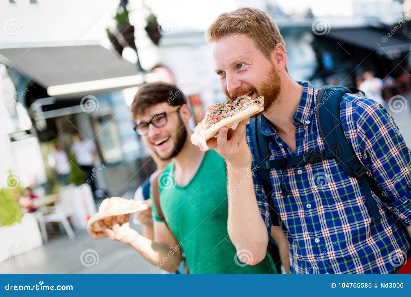Happy Students Eating Pizza on Street Stock Photo - Image of life ...