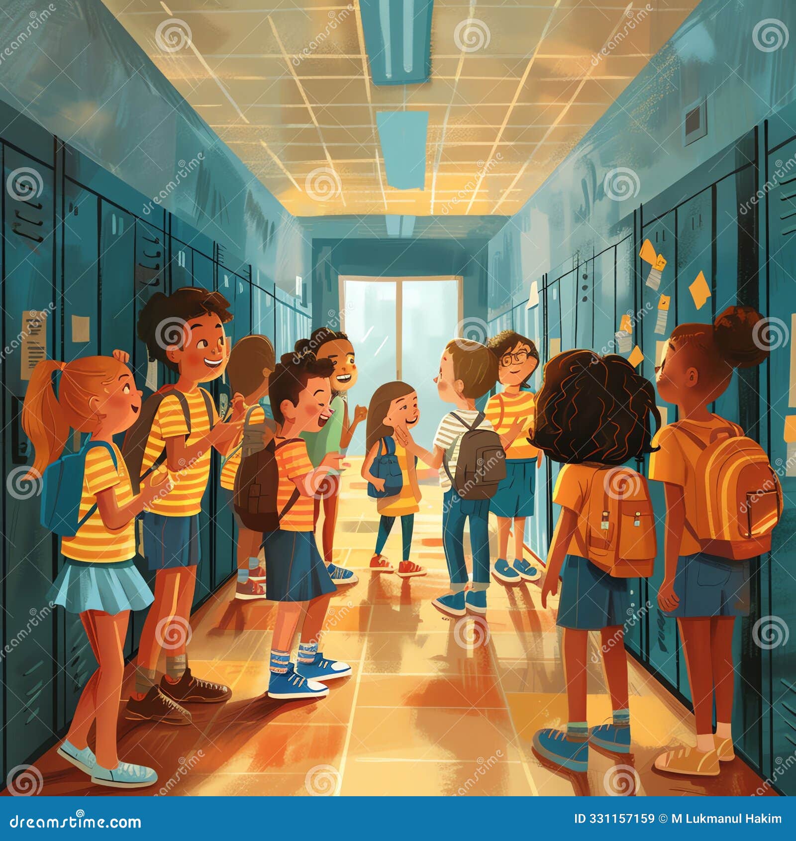 Happy Students Gather by Lockers in School Hallway Stock Illustration ...