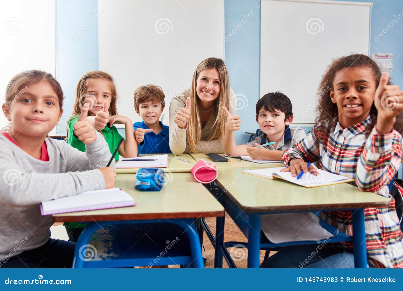 Happy Students Keep Their Thumbs Up Stock Image - Image of pupil, class ...