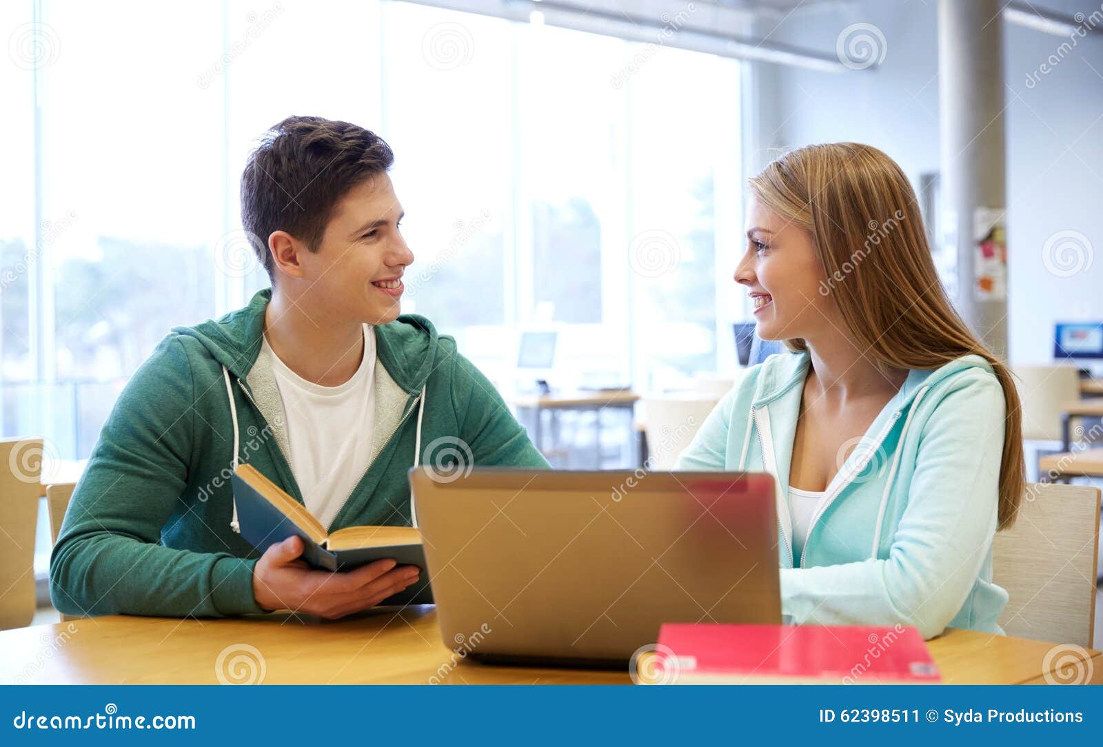 Happy Students with Laptop and Books at Library Stock Image - Image of ...