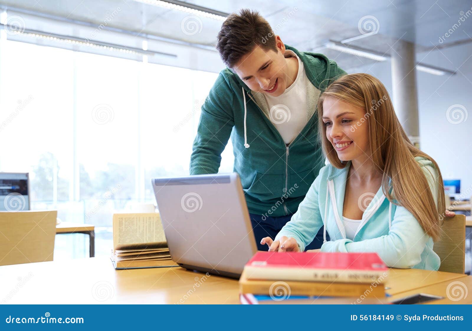 Happy Students with Laptop in Library Stock Image - Image of connection ...