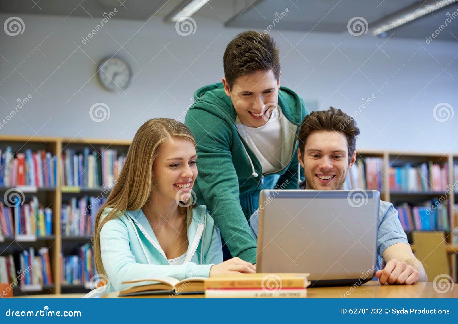 Happy Students with Laptop in Library Stock Photo - Image of learning ...
