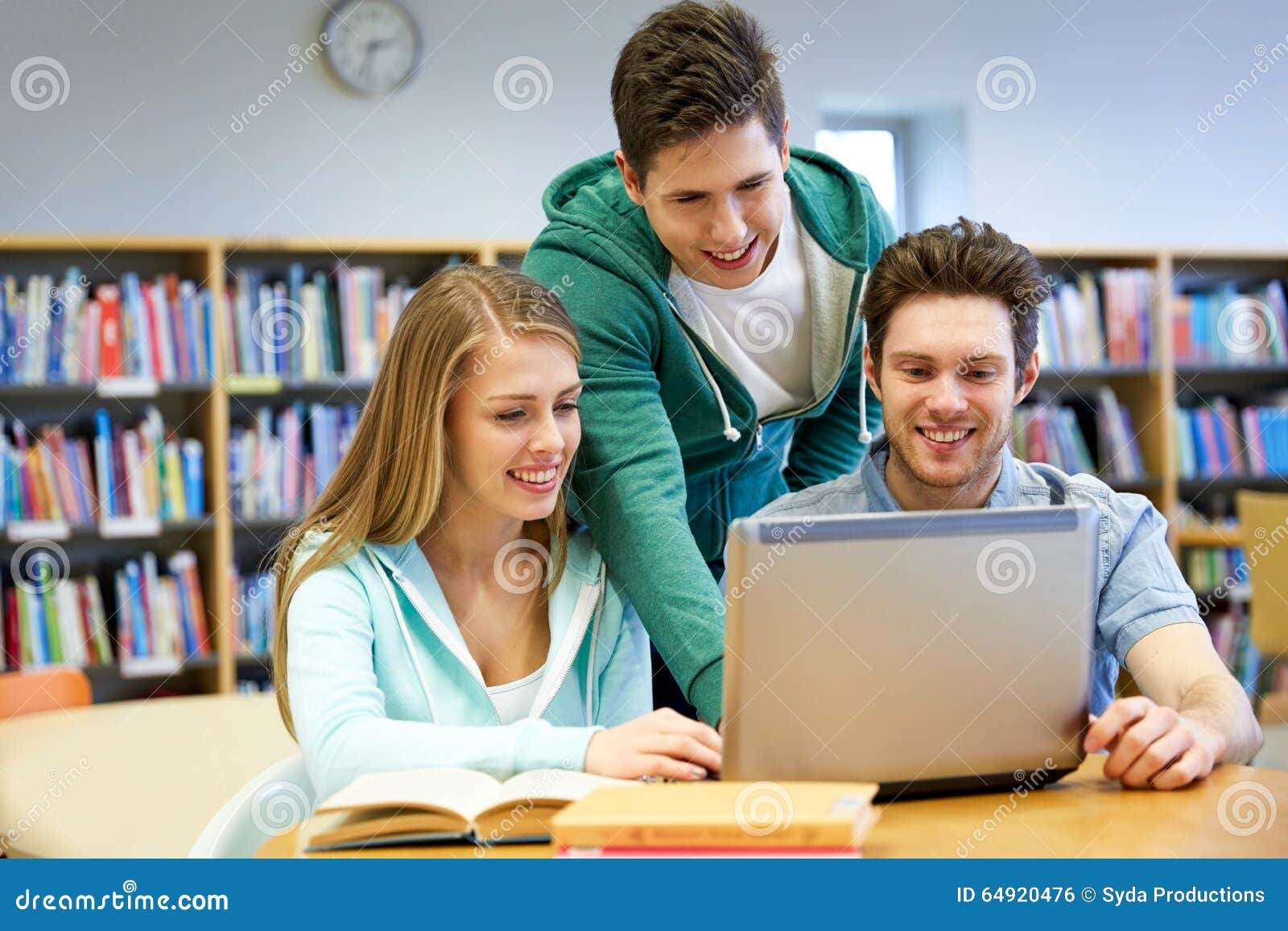 Happy Students with Laptop in Library Stock Photo - Image of concept ...