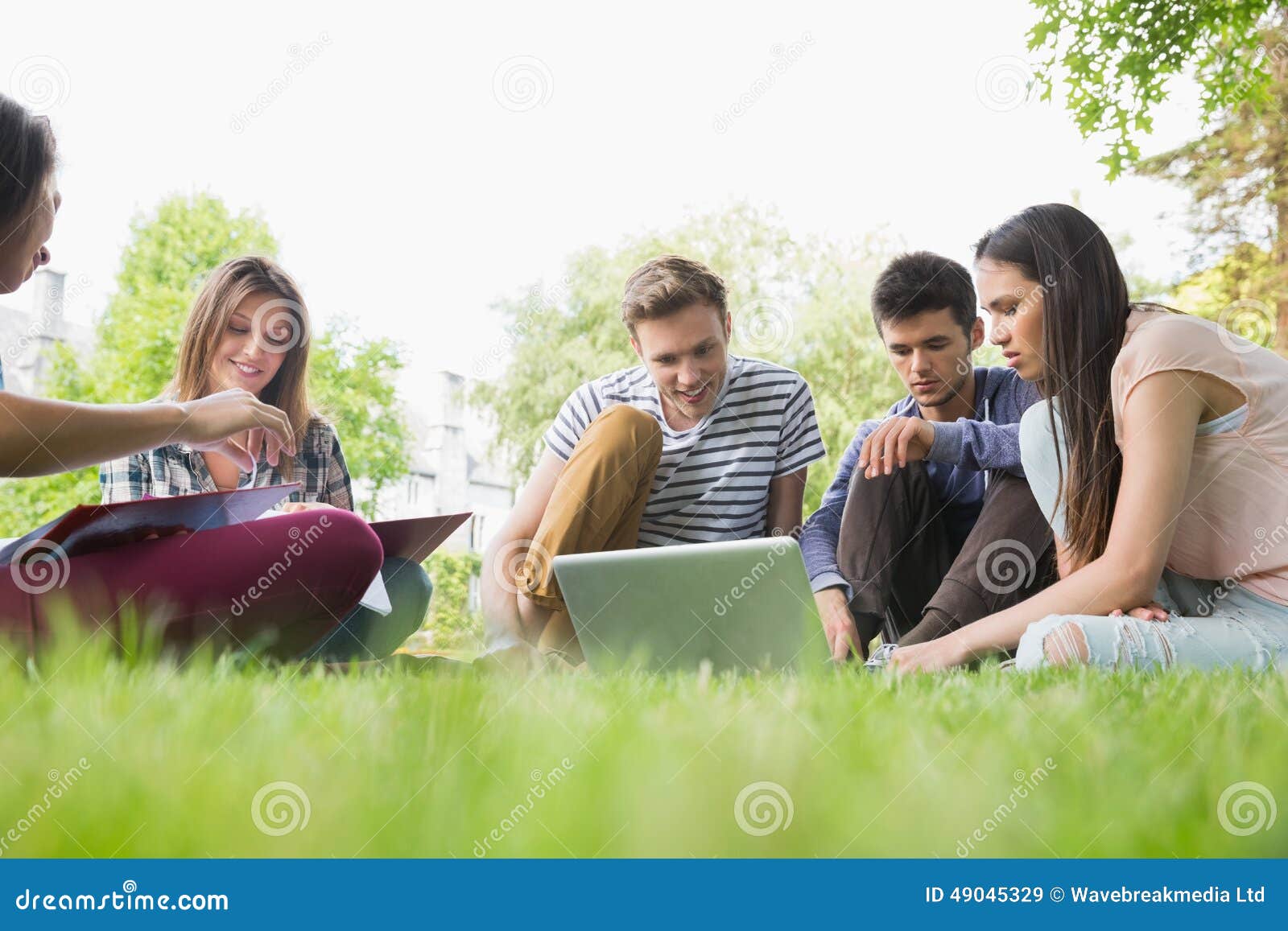 Happy Students Sitting Outside on Campus Stock Image - Image of ...