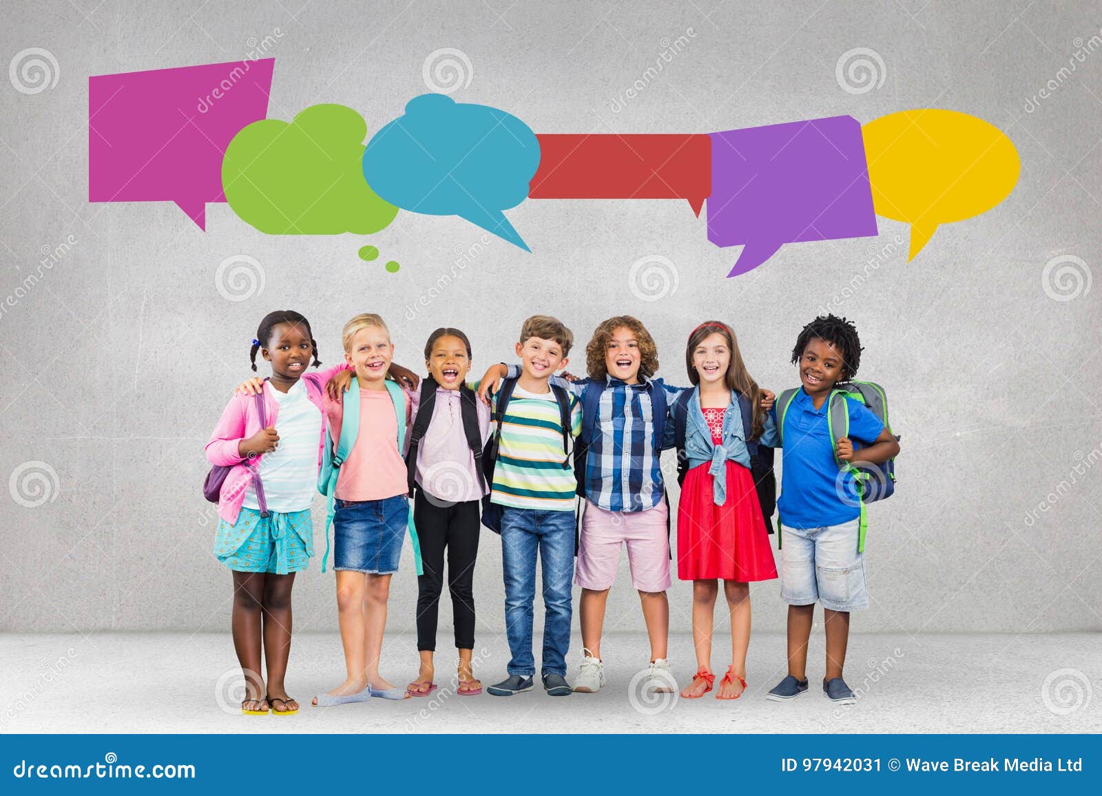 Happy Students with Speech Bubble Against Grey Background Stock ...