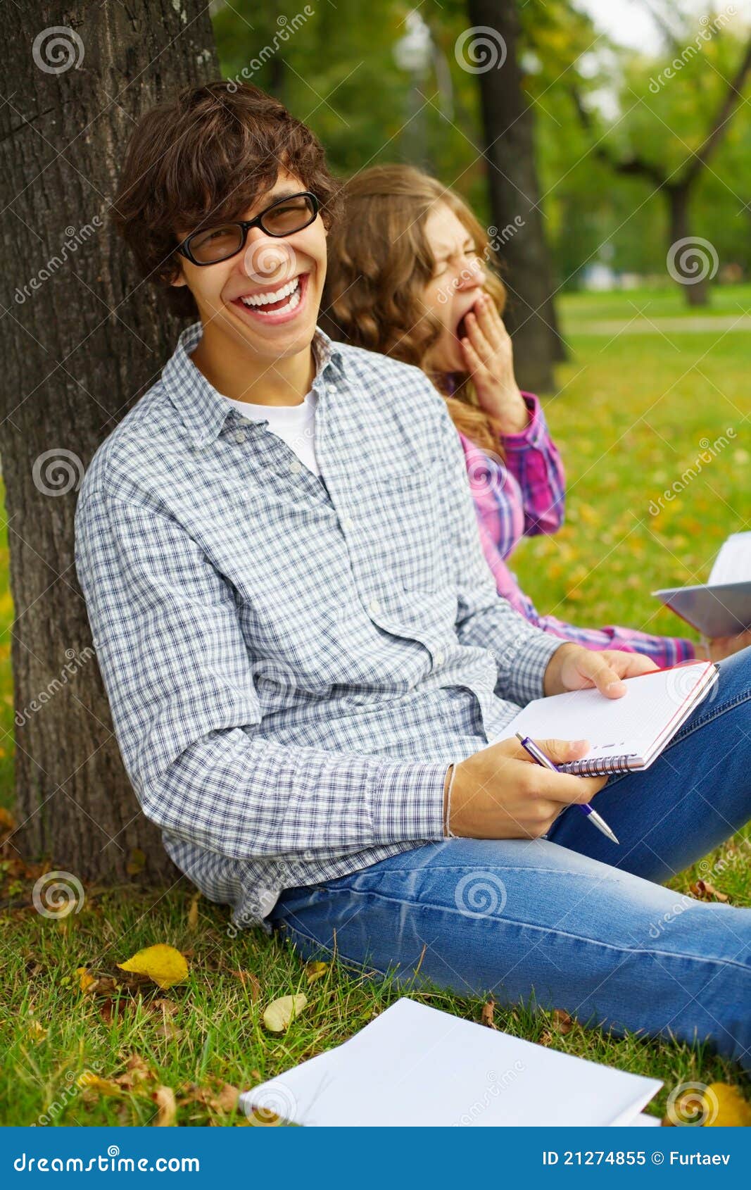 Happy Students Studying into Autumn Park Stock Image - Image of smile ...