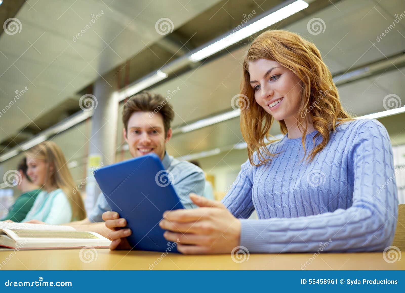Happy Students with Tablet Pc in Library Stock Image - Image of friends ...
