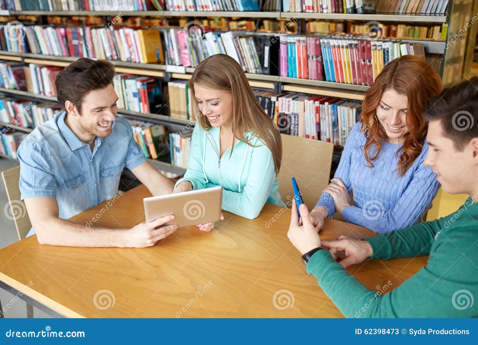Happy Students with Tablet Pc in Library Stock Image - Image of ...