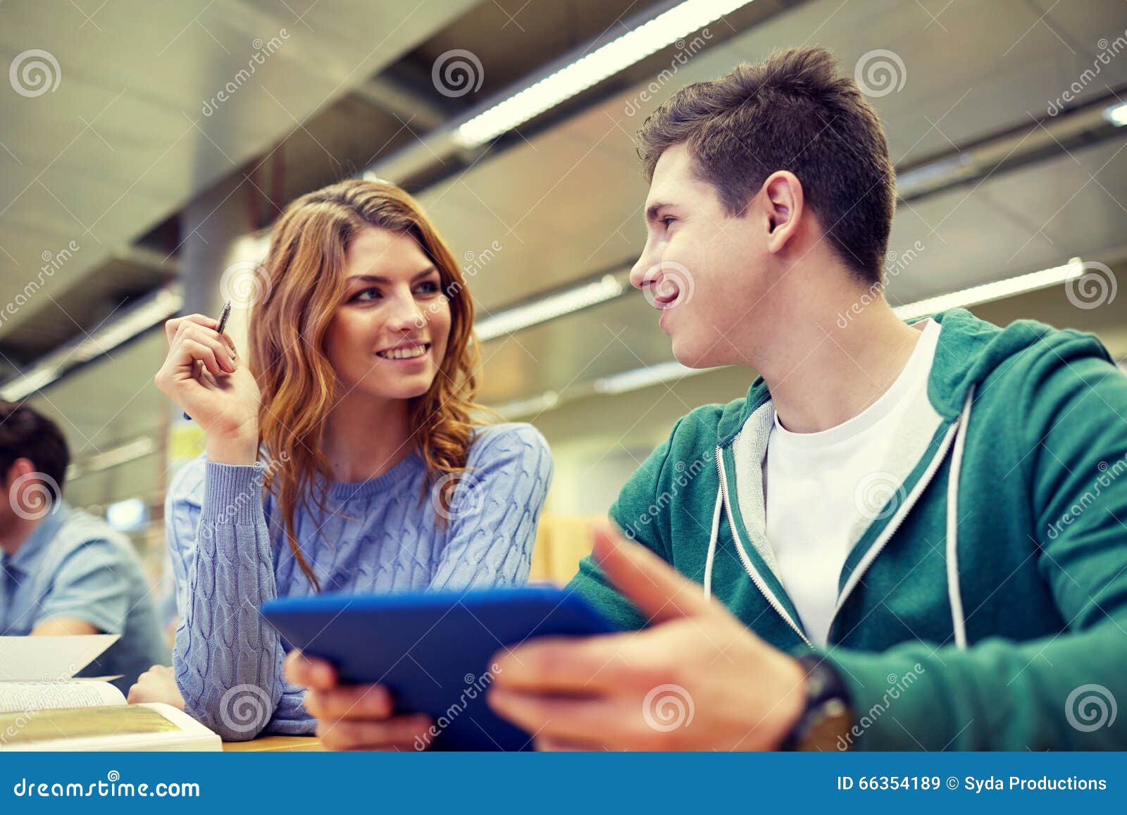 Happy Students with Tablet Pc in Library Stock Image - Image of ...