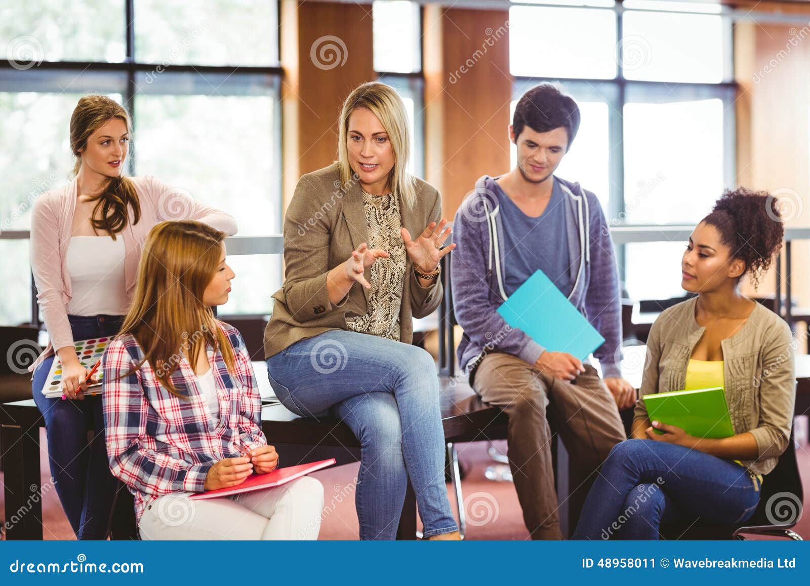 Happy Students Talking with Their Teacher Stock Image - Image of woman ...