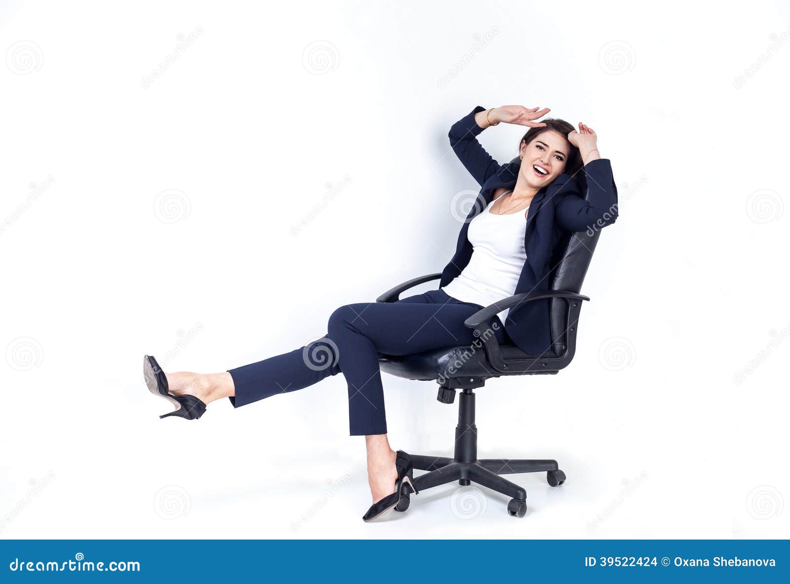 Happy Successful Business Woman in Office Chair on White Background ... Happy Successful Business Woman in Office Chair on White Background ...