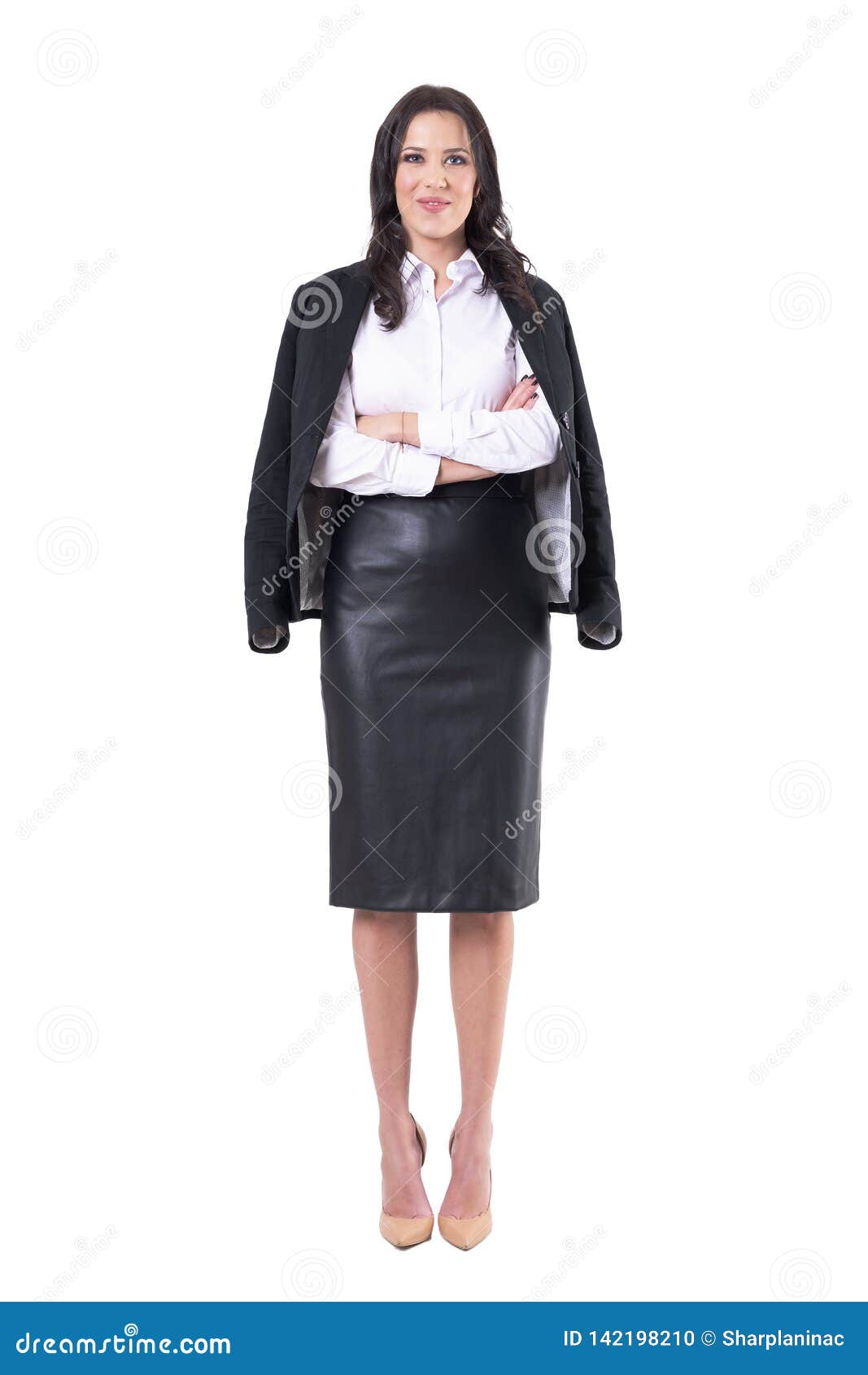 Happy Successful Business Woman Wearing Coat on Shoulder with Crossed ... Happy Successful Business Woman Wearing Coat on Shoulder with Crossed ...