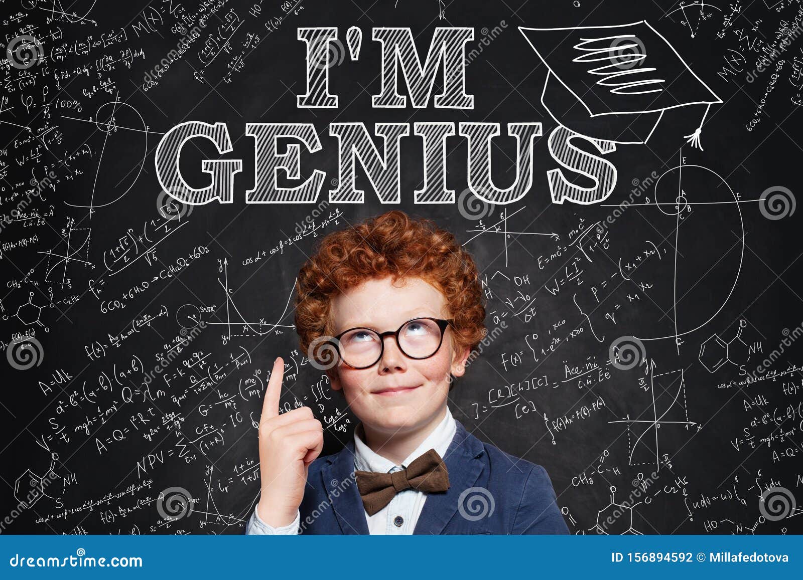 Happy Successful Confident Genius Kid on Blackboard Background Stock ...