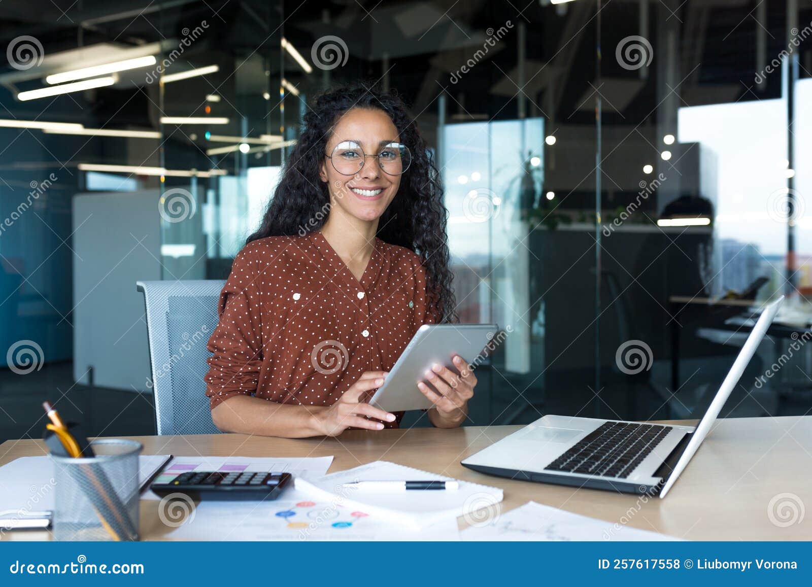 Happy and Successful Hispanic Woman Working Inside Modern Office ...