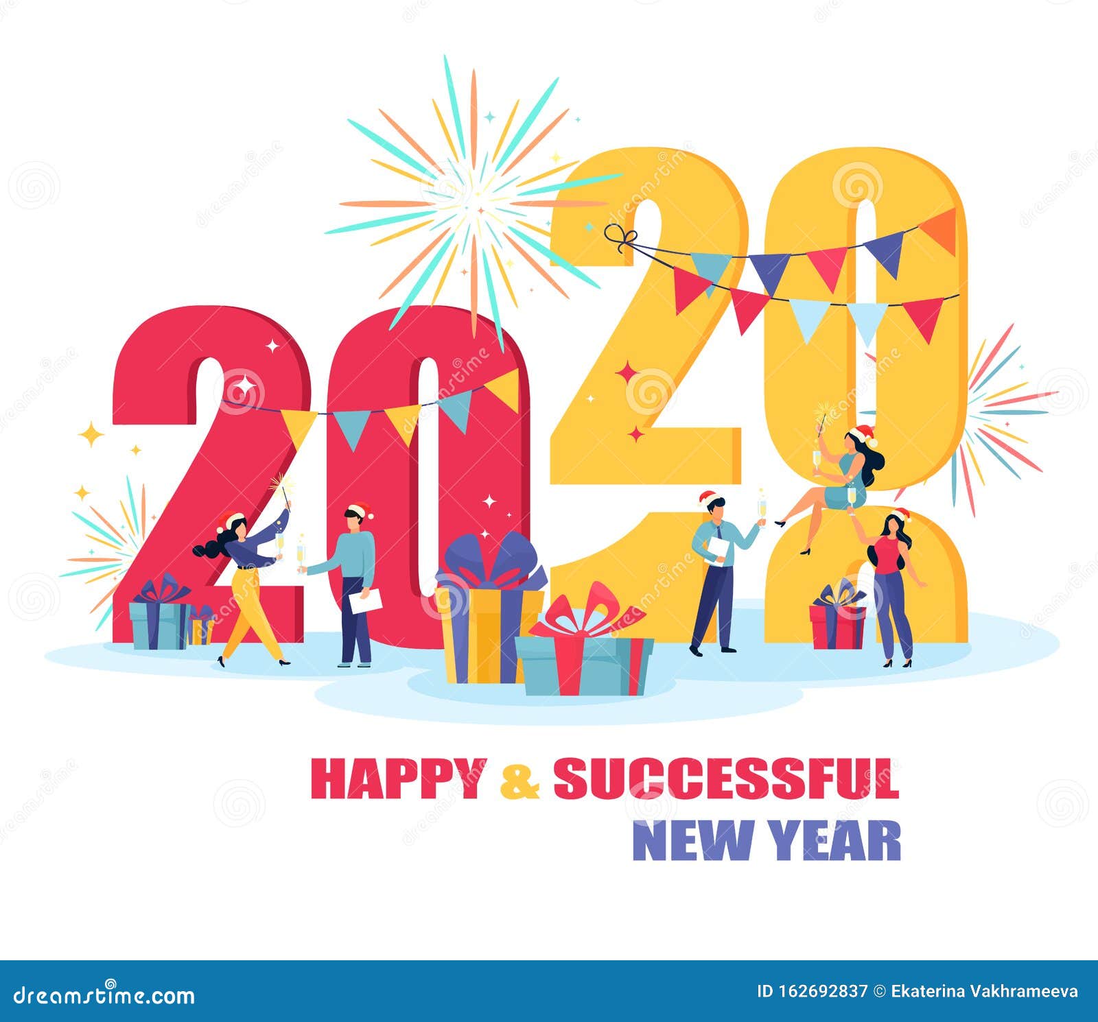 2020 Happy New Year Business Card. Vector Illustration with Little ...