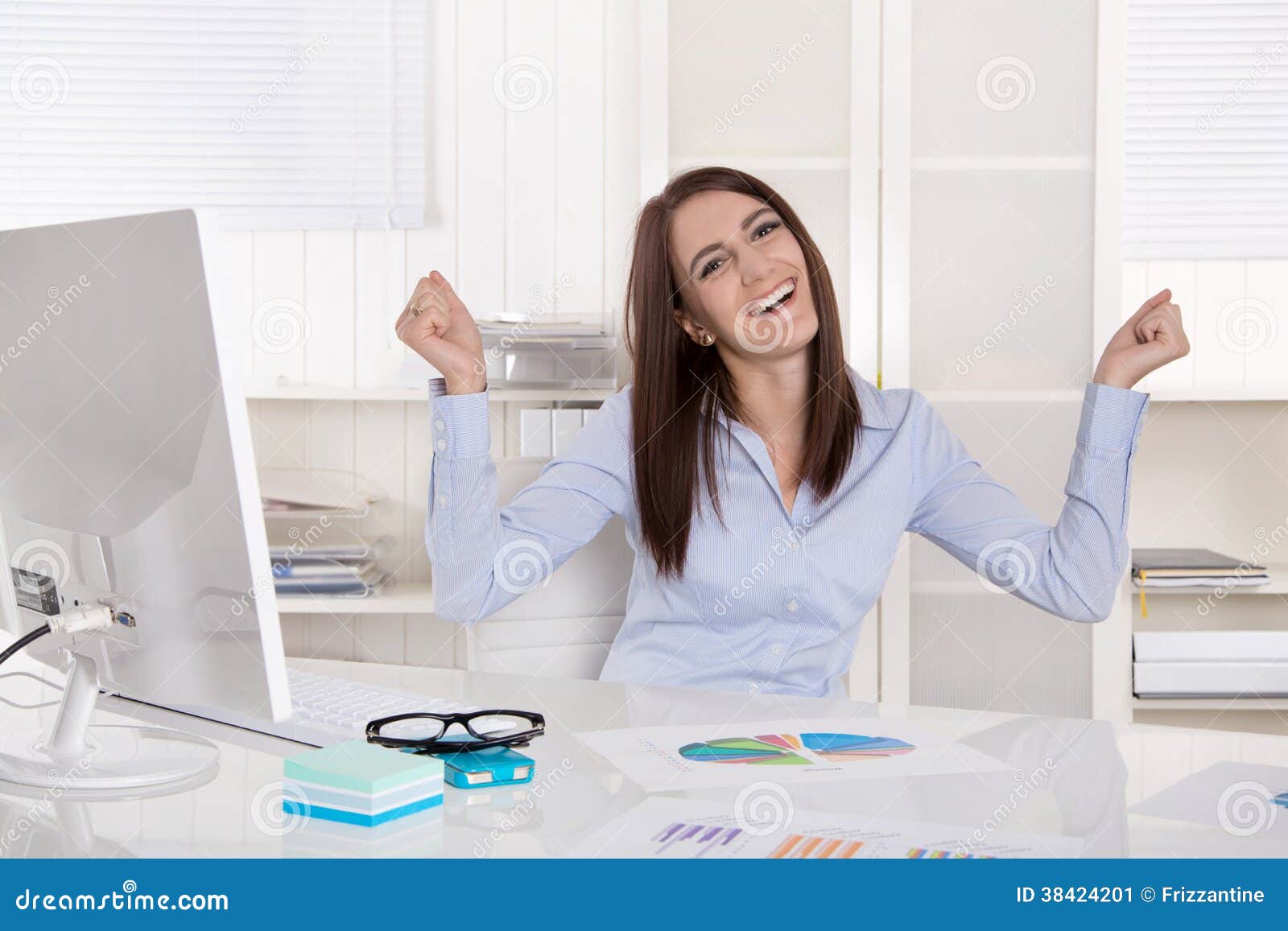Happy Successful Young Business Woman with Arms Up at Desk. Stock Image ... Happy Successful Young Business Woman with Arms Up at Desk. Stock Image ...