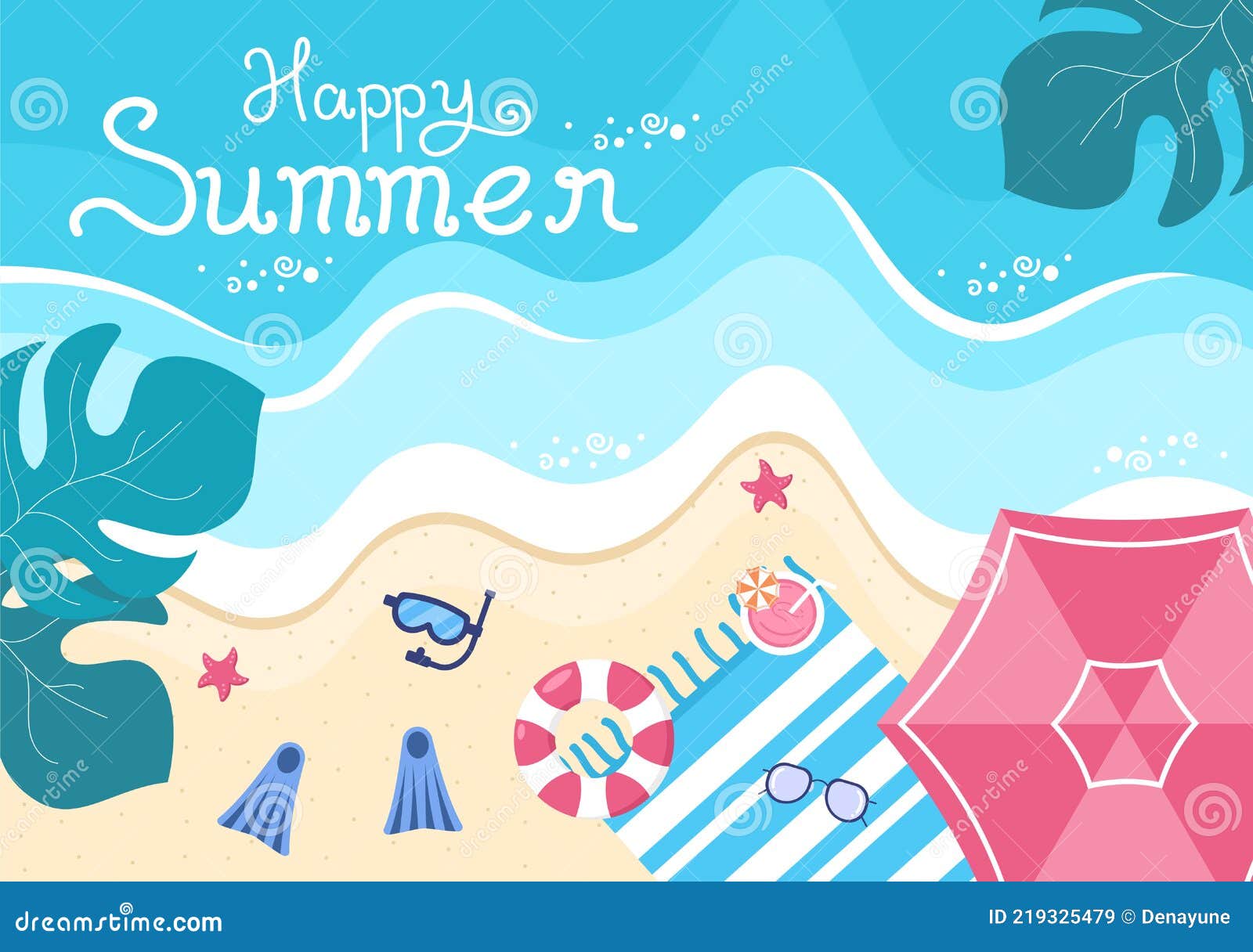 Happy Summer Time in Beach Seaside Vector Illustration for Background ...