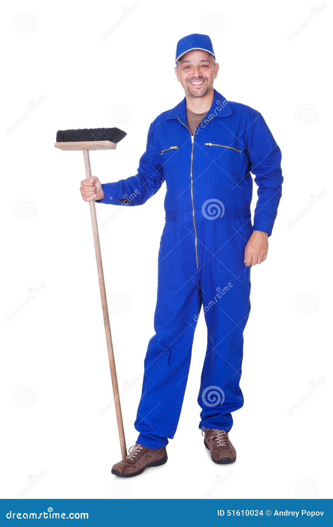Happy Sweeper Cleaning Floor Stock Photo - Image of beard, protective ...