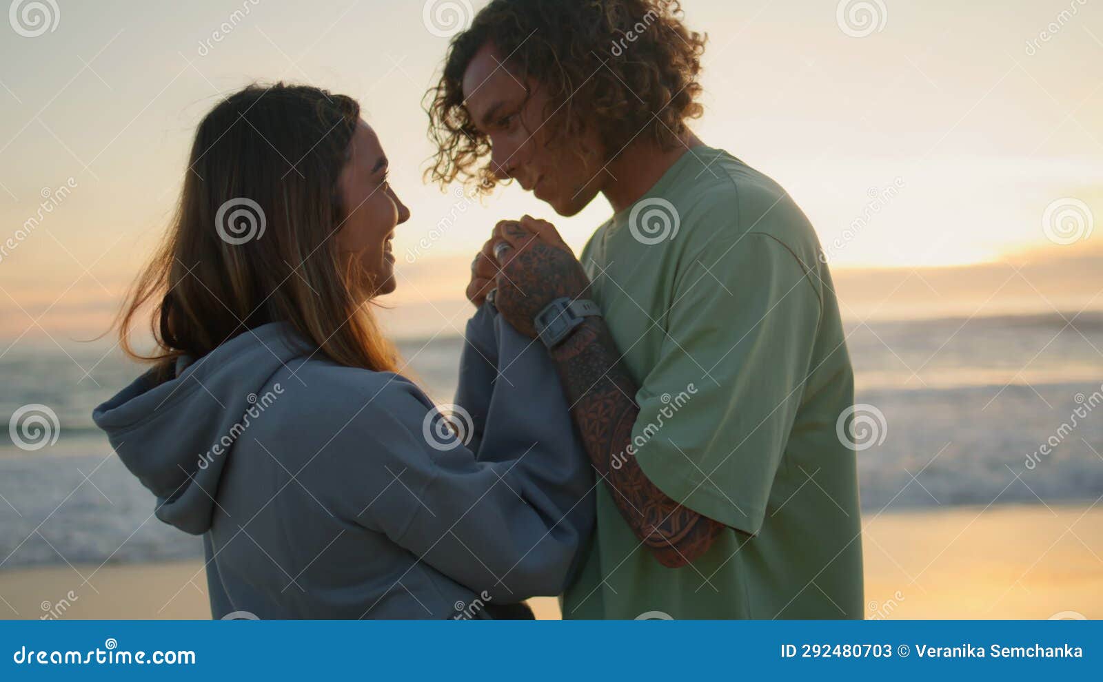 Happy Sweethearts Holding Hands At Sunset Beach Closeup Man Woman