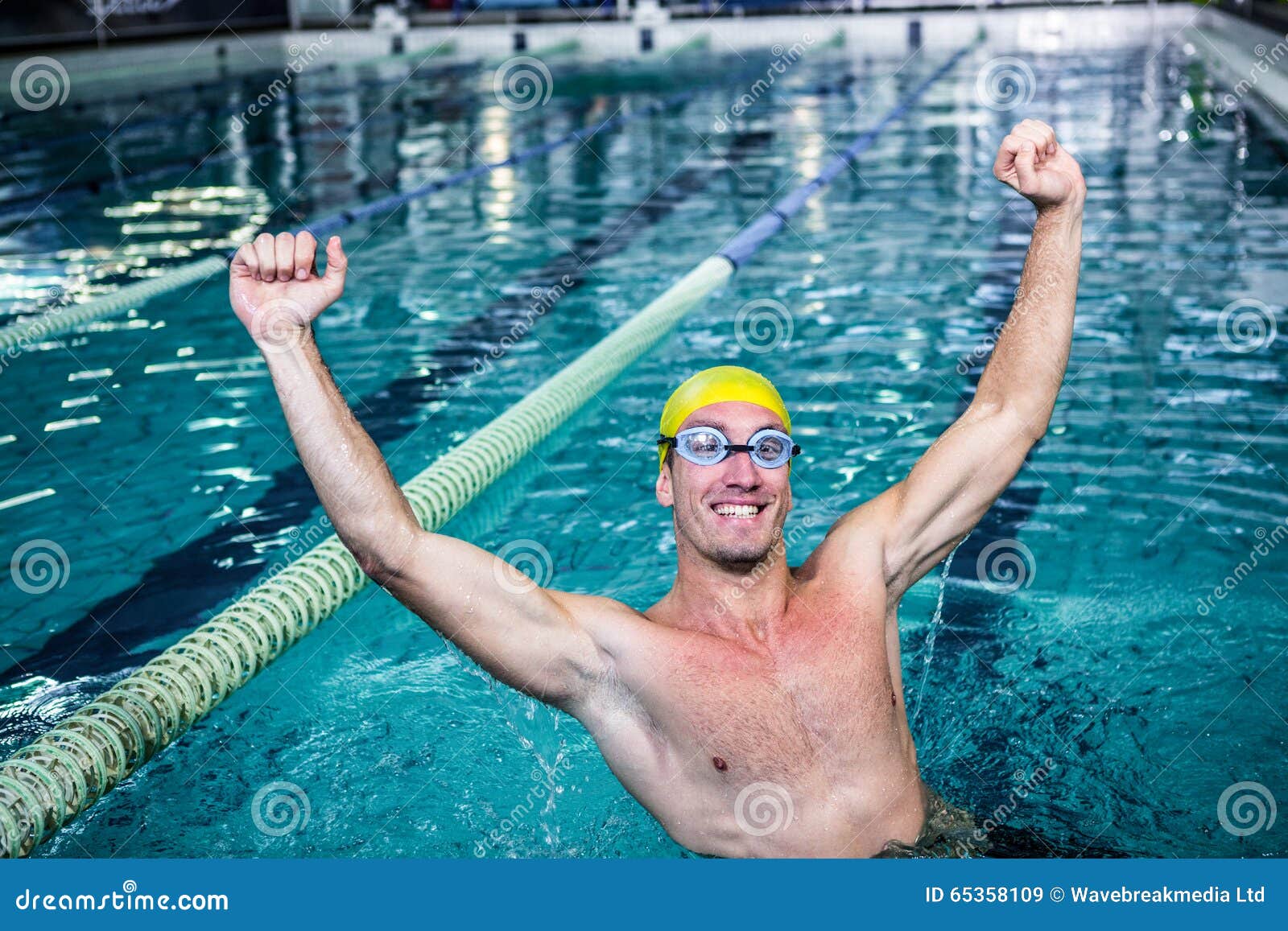 Happy Swimmer Put His Hands Up Stock Image - Image of pool, splashing ...