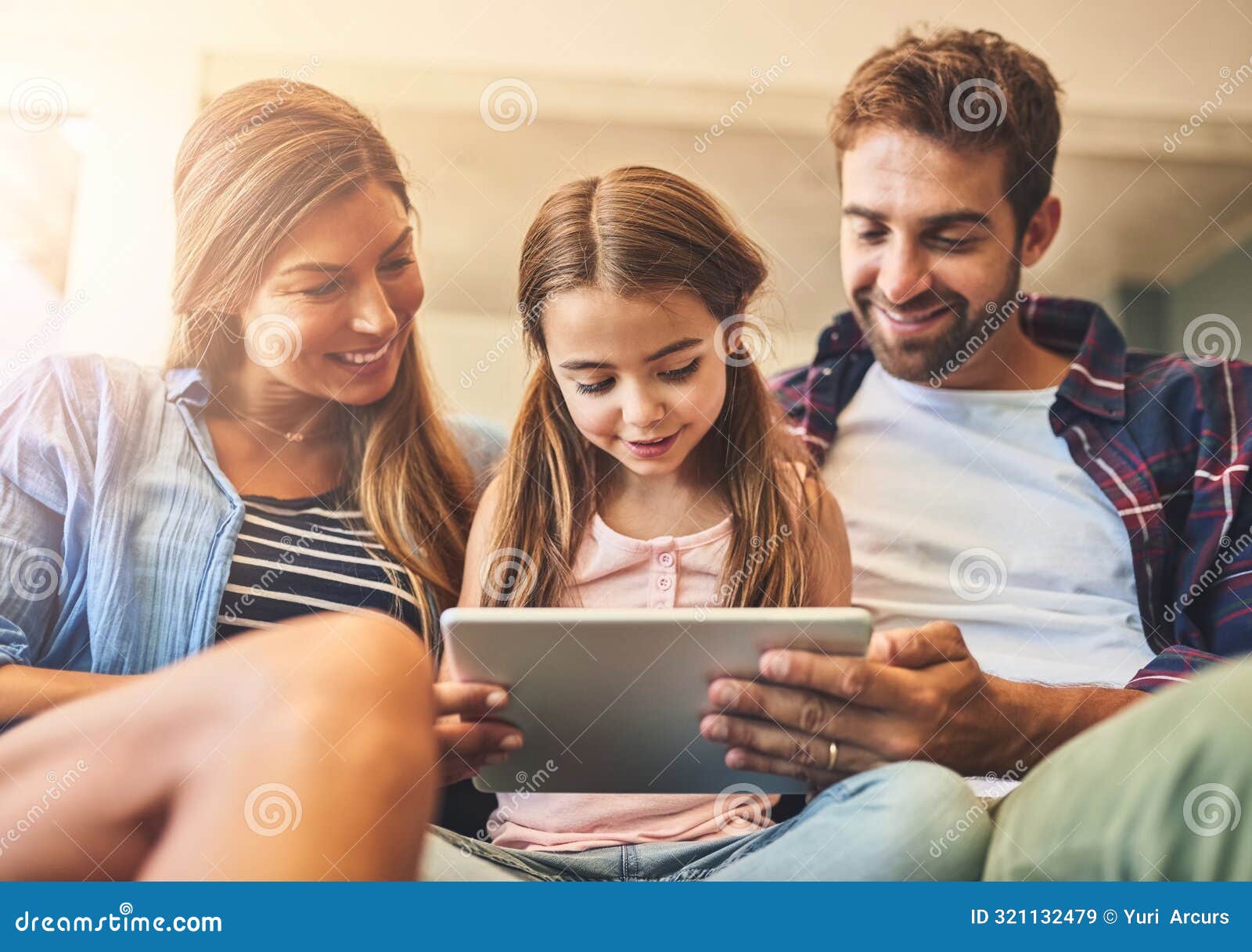 Happy, Tablet and Family Hug on Sofa with Child, Elearning and ...