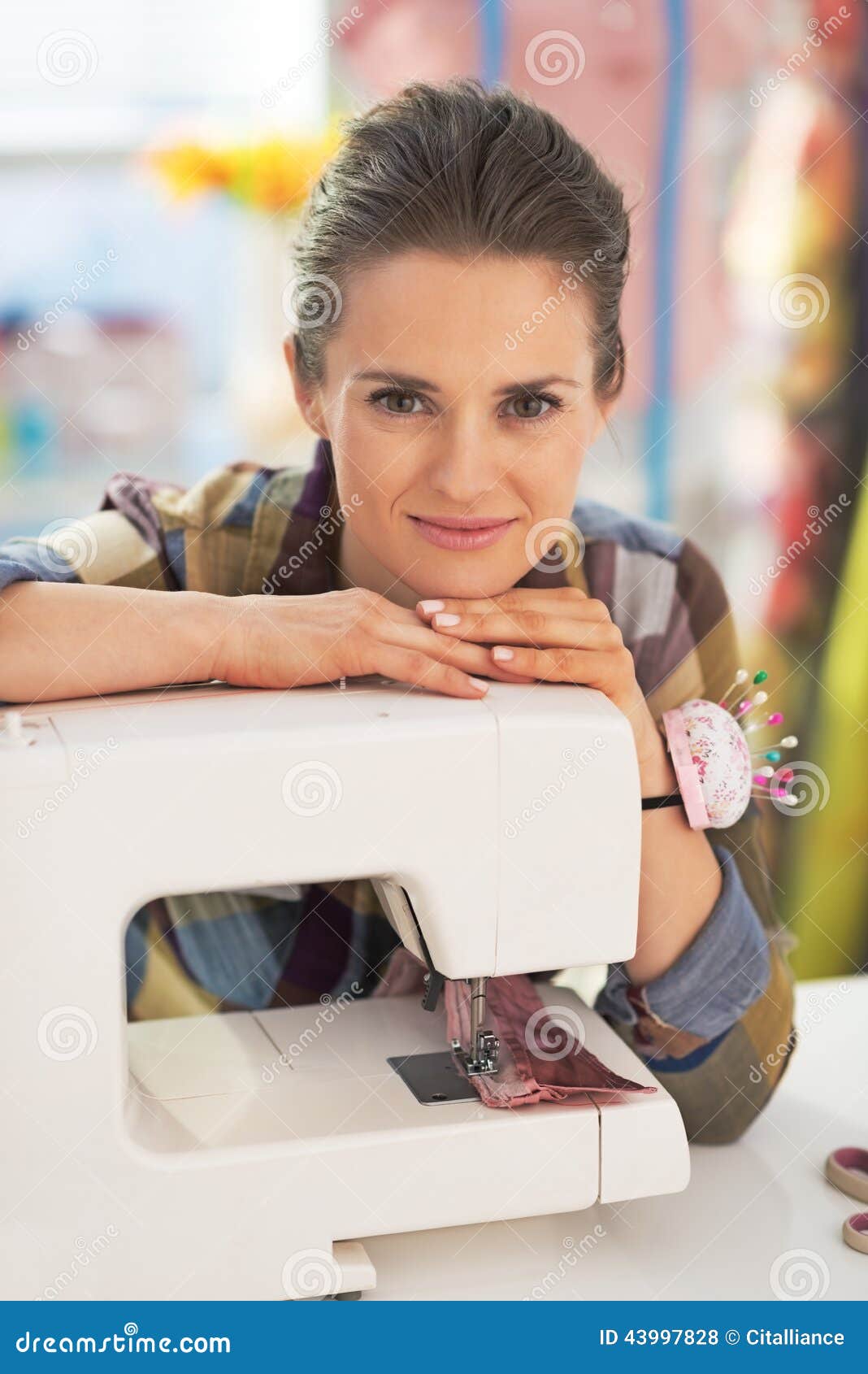Happy Tailor Woman with Sewing Machine Stock Photo - Image of happy ...