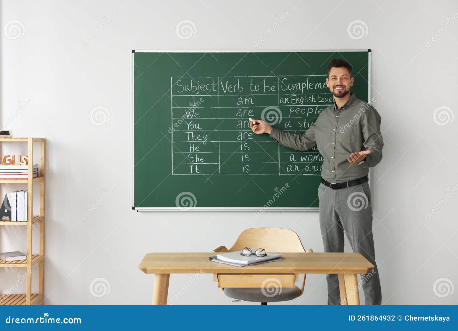 Teacher Explaining English at Blackboard in Classroom Stock Photo ...