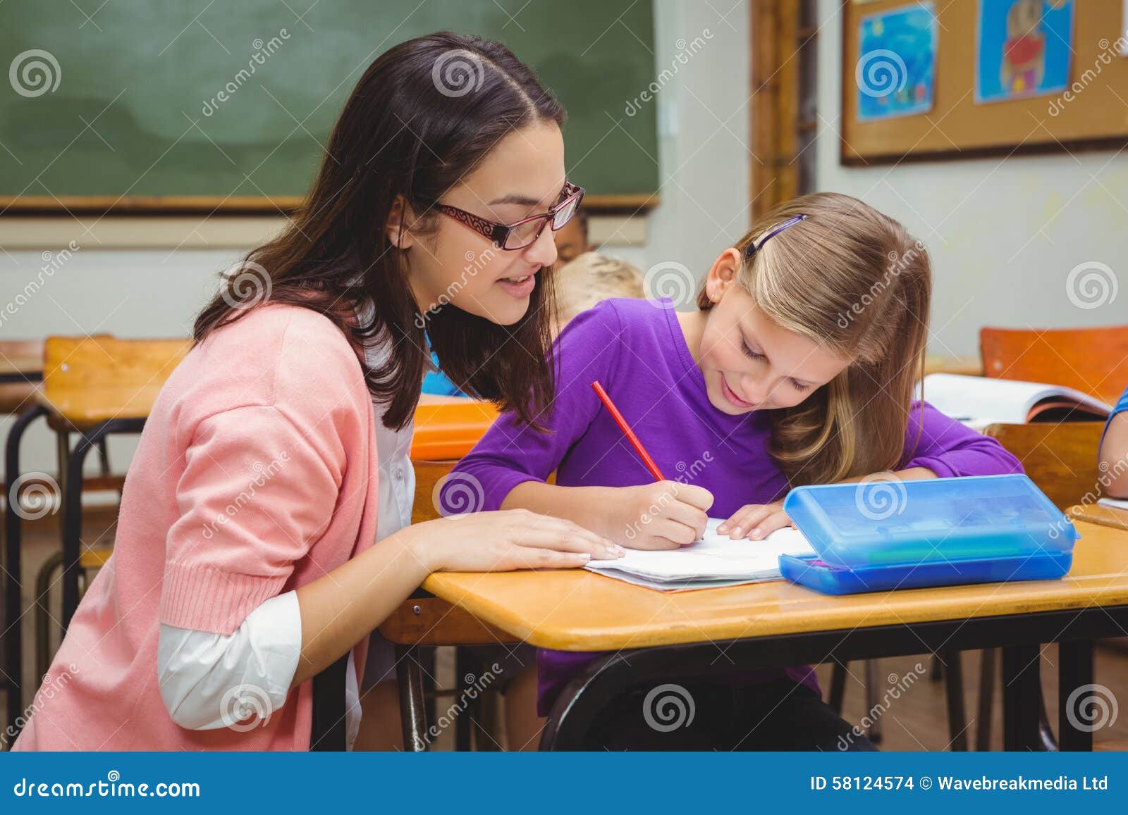 Happy Teacher And Child In Classroom. Change Of Duties. Bearded Man ...
