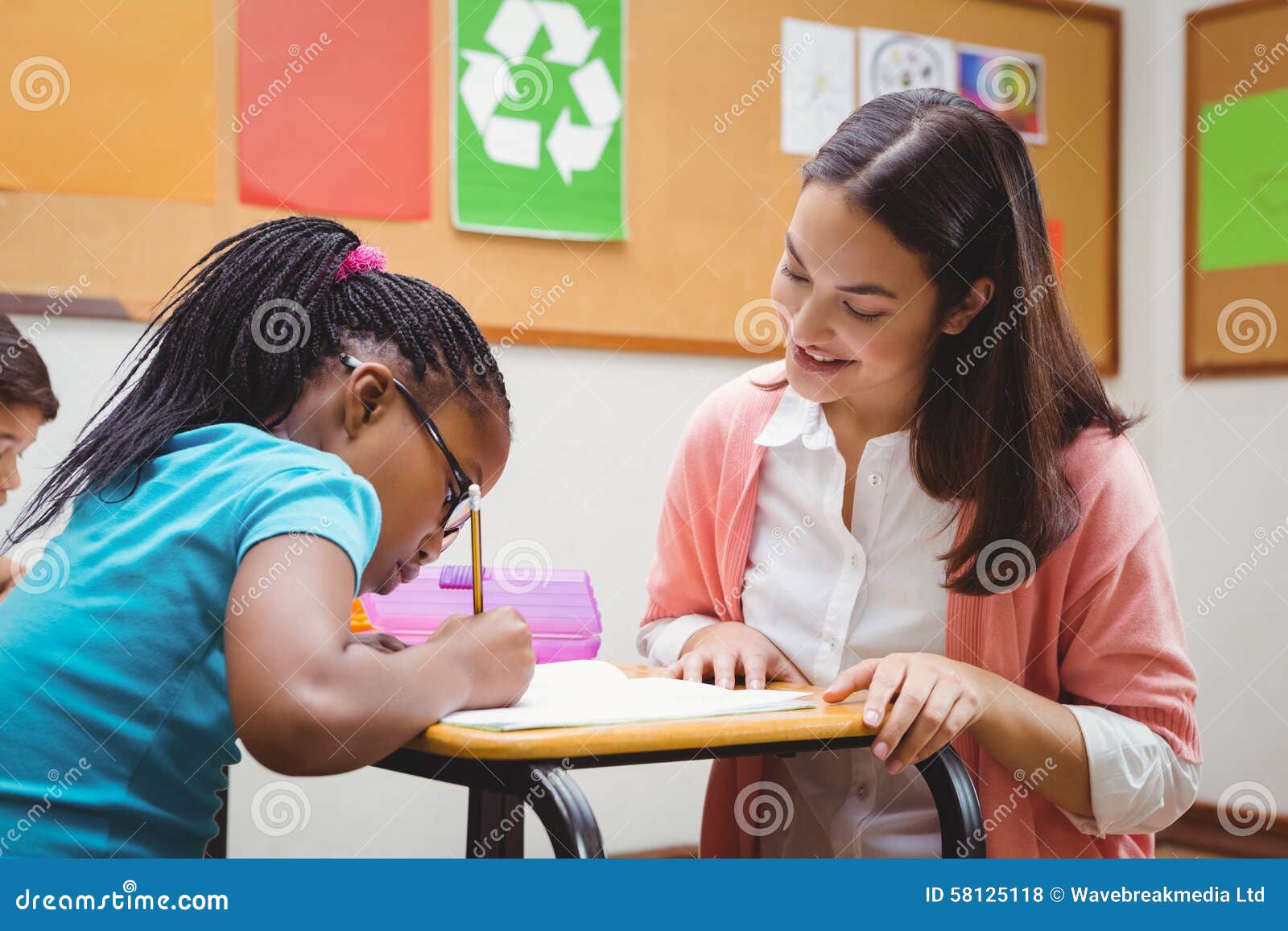 Happy Teacher Helping Her Students Stock Photo - Image of cute ...