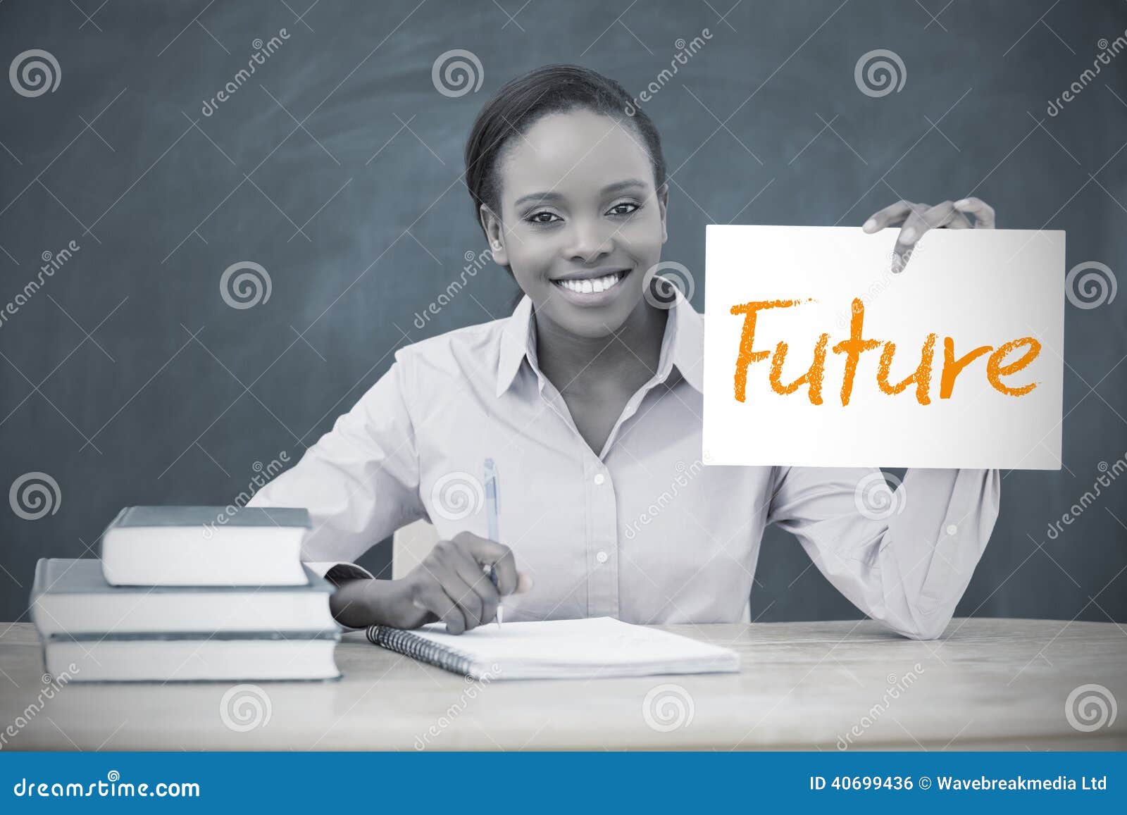 Happy Teacher Holding Page Showing Future Stock Photo - Image of single ...