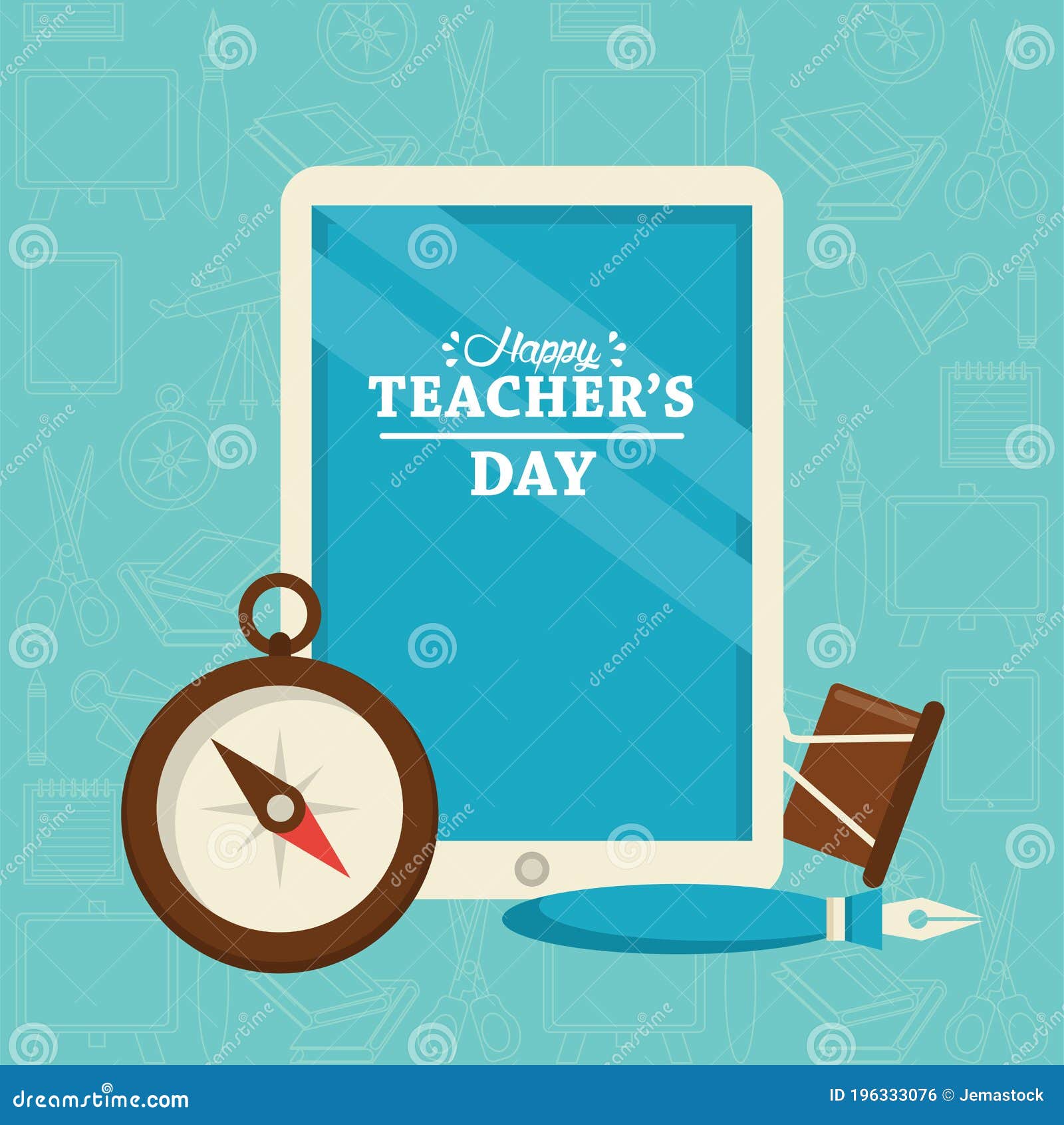 Happy Teachers Day Card with Tablet Elearning and Chronometer Stock ...