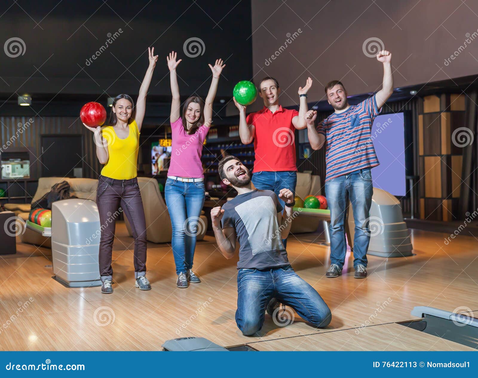 Happy team in bowling stock image. Image of exercise - 76422113