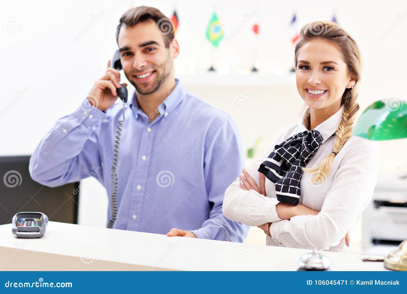 Happy Team of Hotel Receptionists Stock Image - Image of desk, lobby ...