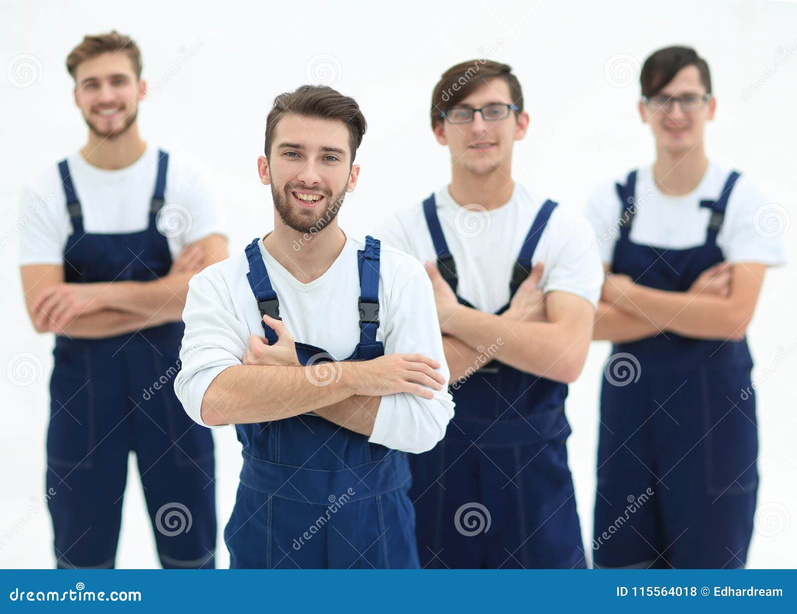 Happy Team of Responsible Movers and Their Smiling Leader. Stock Photo ...