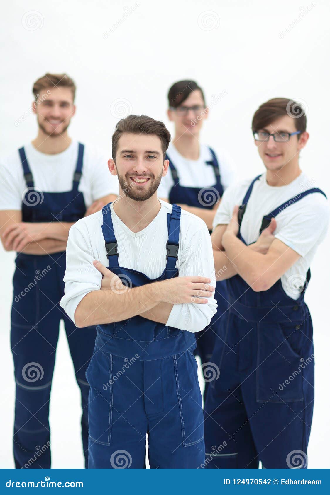 Happy Team of Responsible Movers and Their Smiling Leader. Stock Photo ...