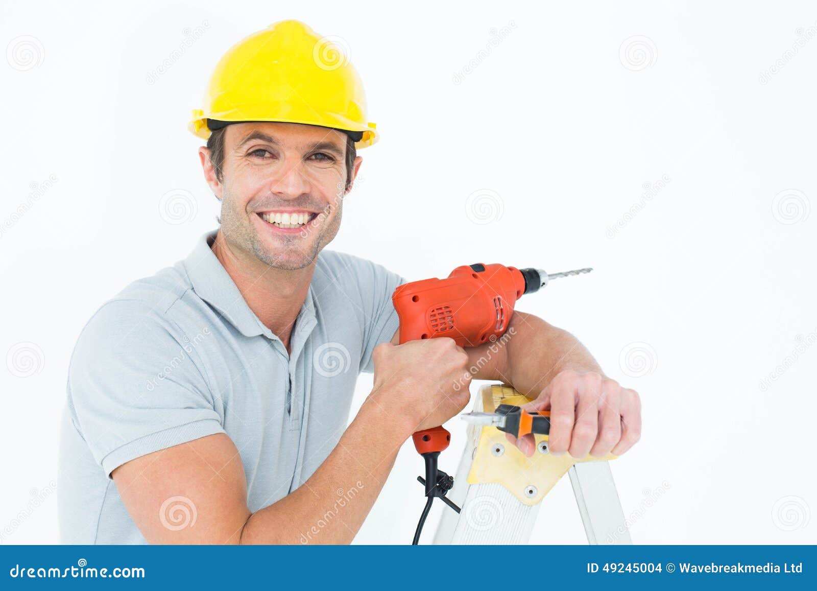 Happy Technician Holding Drill Machine Leaning Ladder Photos - Free ...
