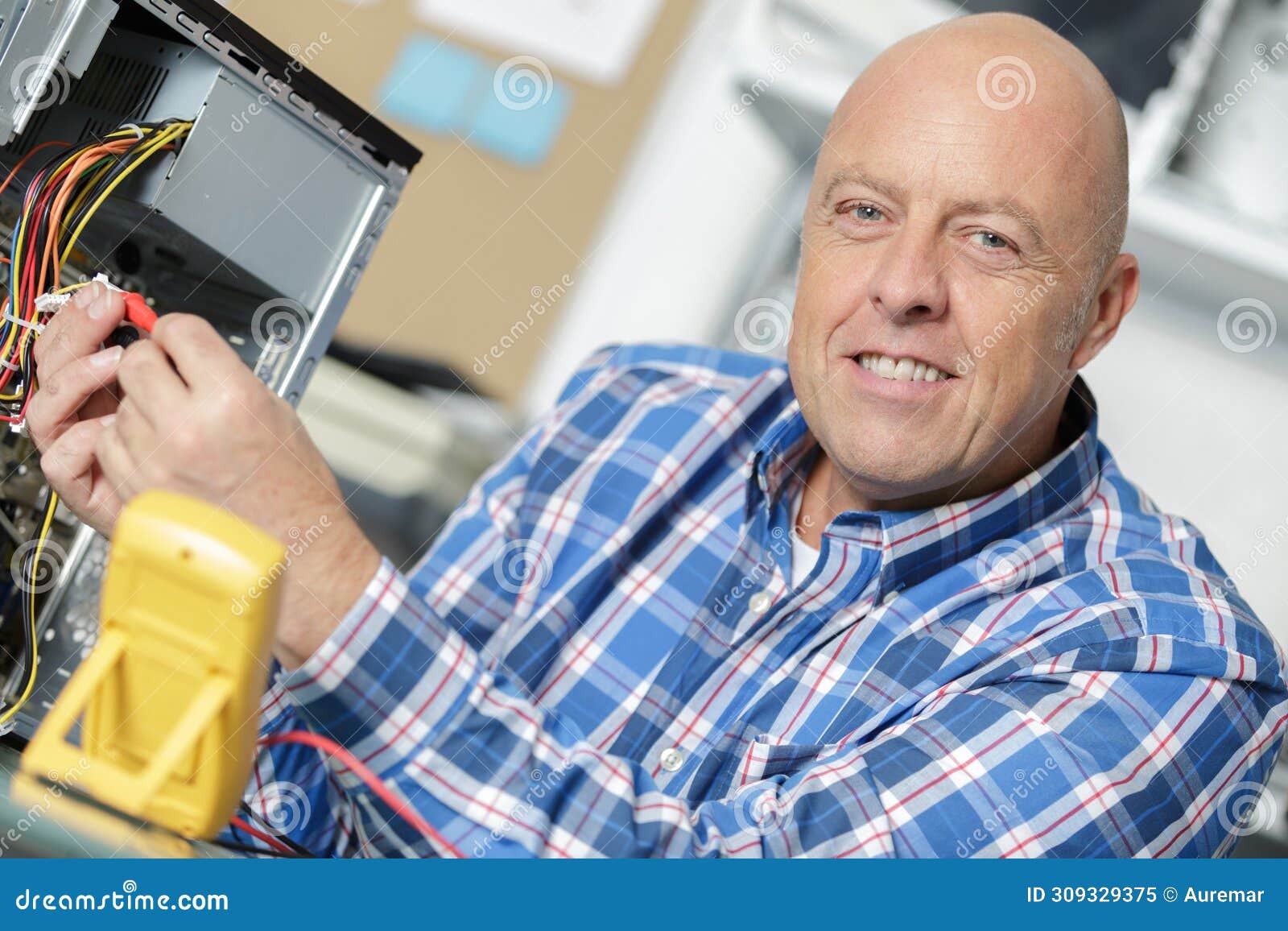 Happy Technician Using Multimeter for Voltage on Pc Stock Image - Image ...