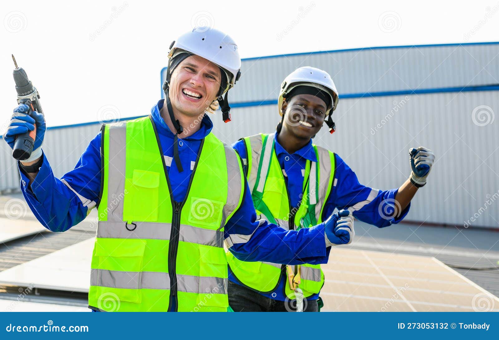 Happy Technicians Workers Installing Solar Panels at Solar Cell Farm ...
