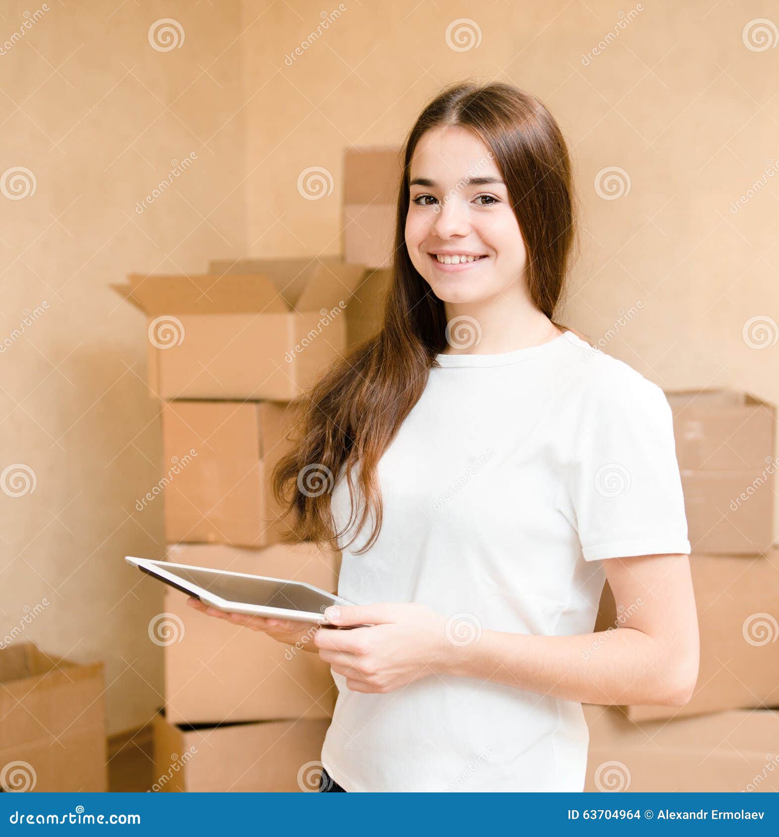 Happy Teen Girl Tablet Computer Standing Background Boxes Stock Photos ...