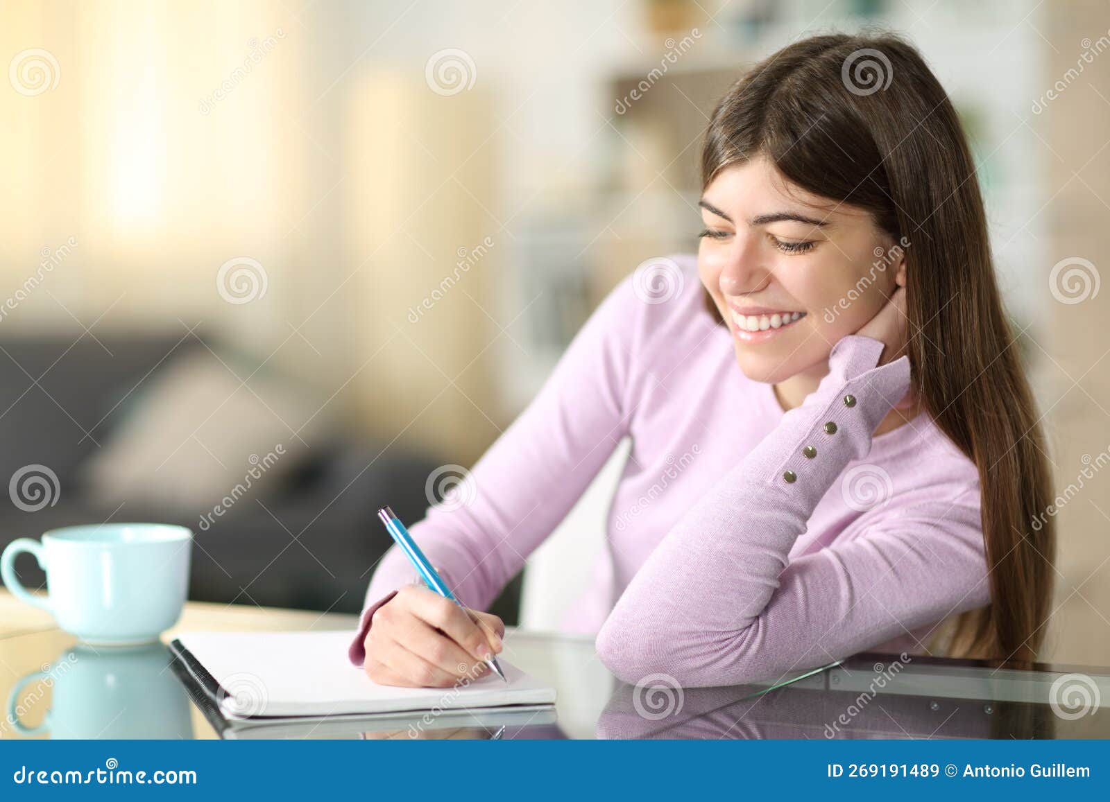 Happy Teen Writing on Notebook at Home Stock Image - Image of ...