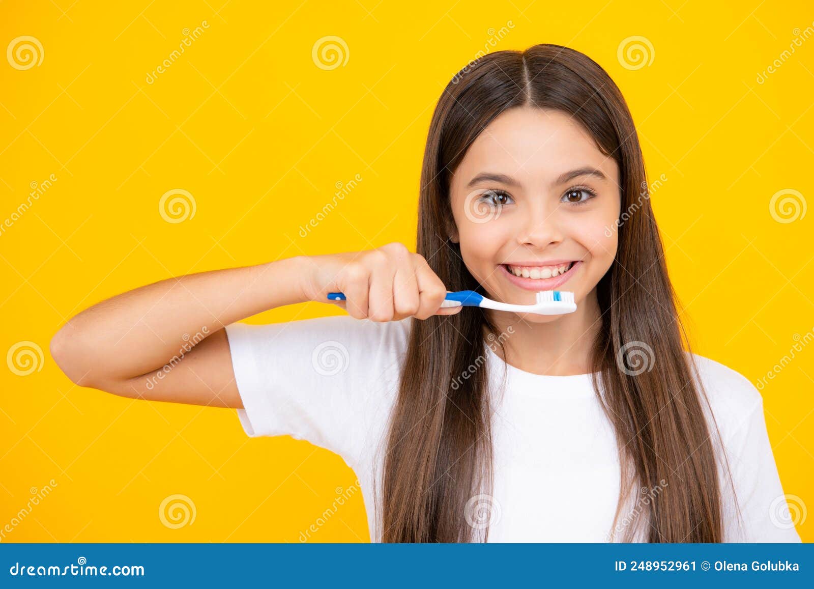 Happy Teenager Portrait Teenager Girl Brushing Her Teeth Over Isolated