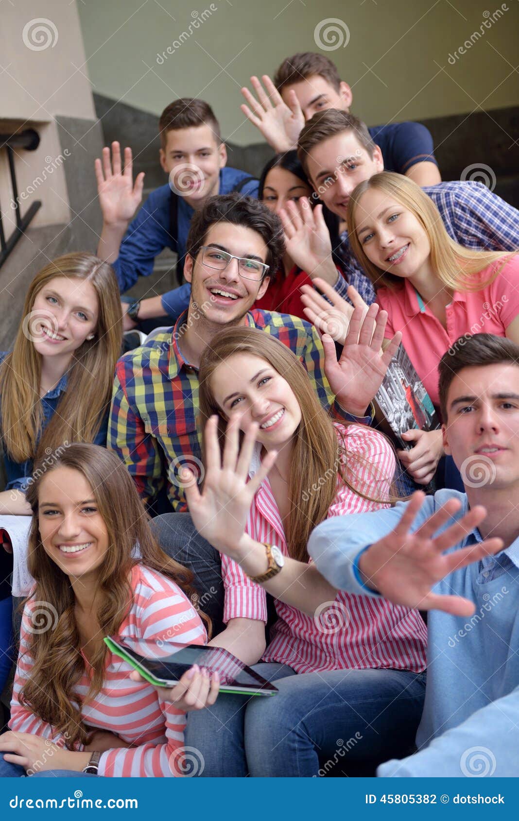Happy Teens Group in School Stock Photo - Image of library, ethnic ...