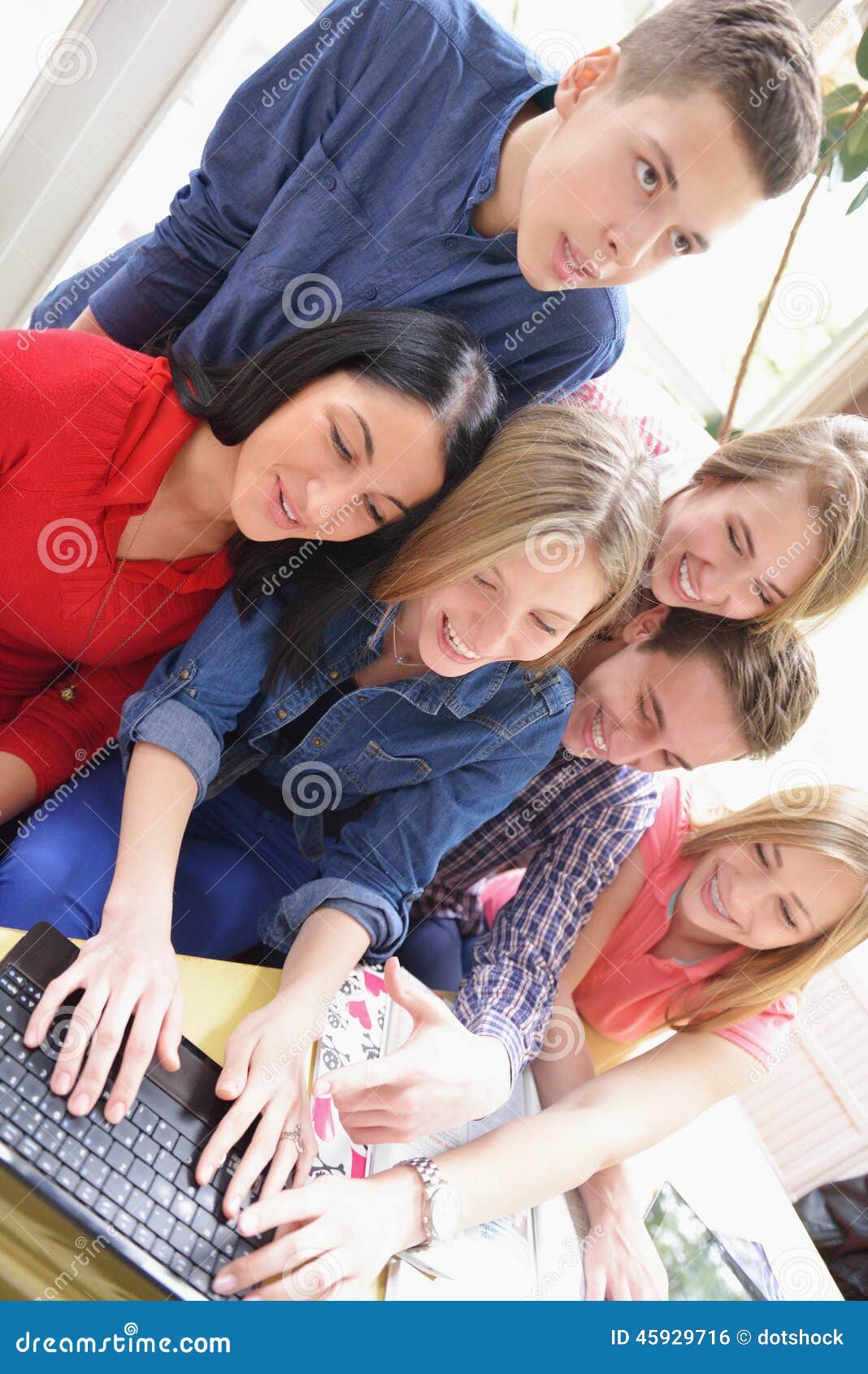 Happy Teens Group in School Stock Photo - Image of classroom, laptop ...