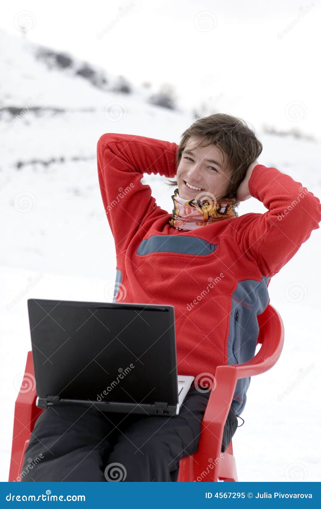 Happy Teens with Laptop in Winter Mountains Stock Image - Image of ...