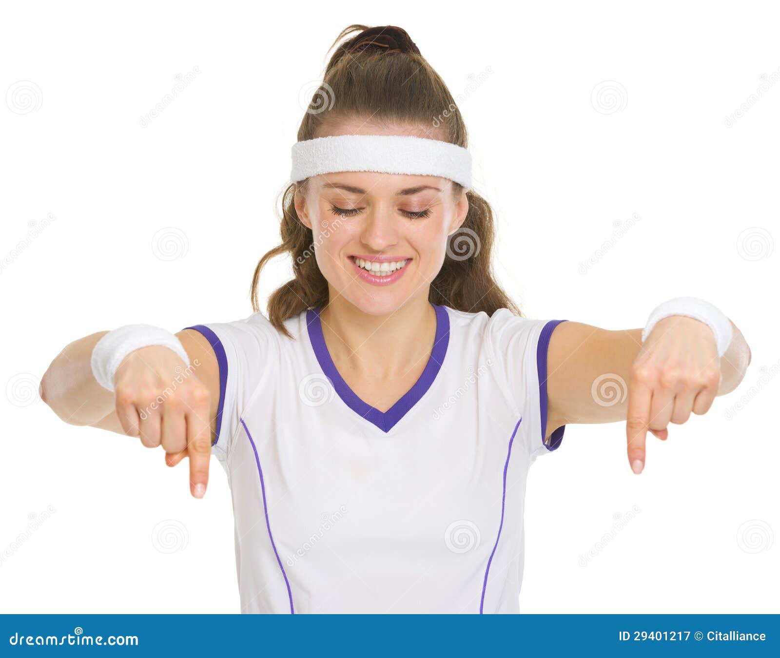 Happy Tennis Player Pointing Down Stock Image - Image of female ...