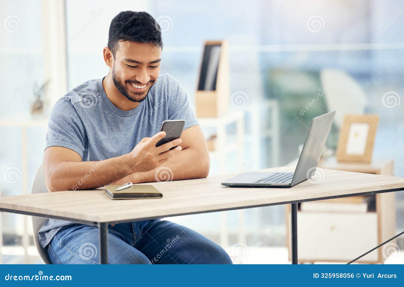 Happy, Texting and Man with Laptop, Cellphone and Virtual Assistant in ...