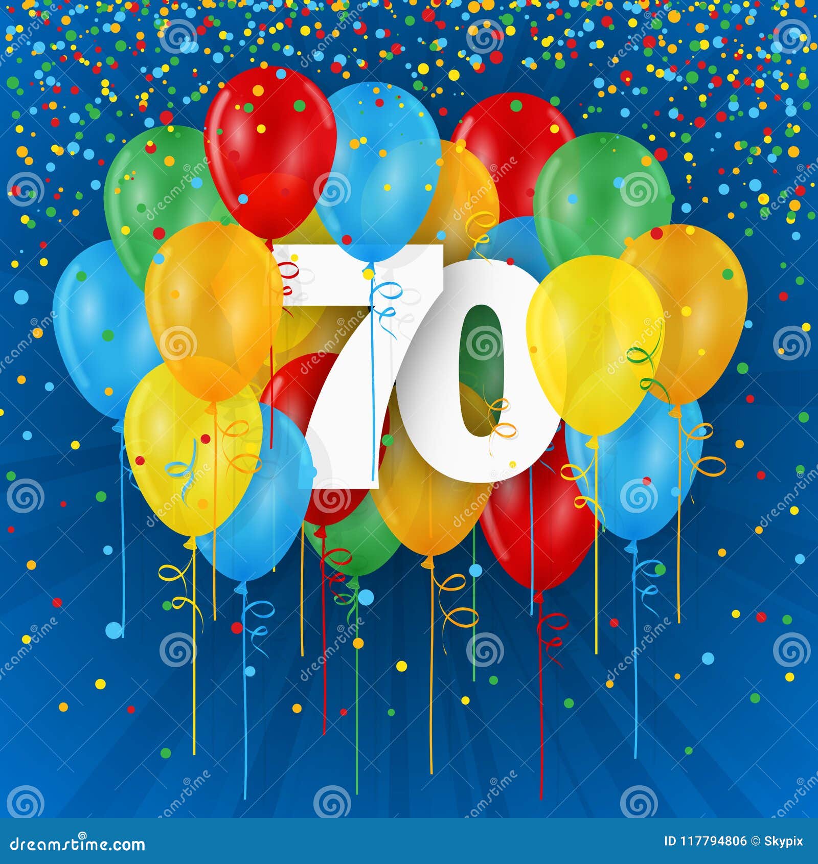 Happy 70th Birthday Anniversary Card With Balloons Stock Illustration