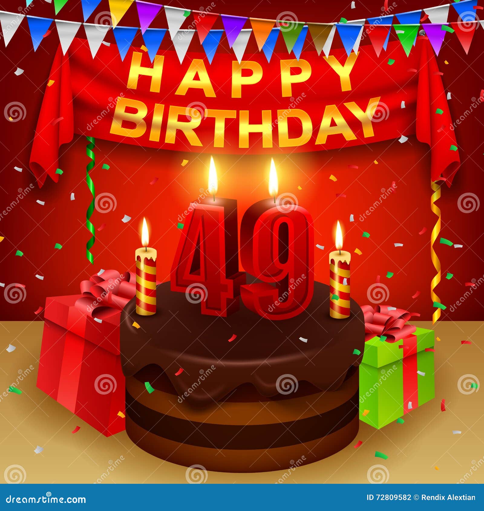 Happy 49th Birthday with Chocolate Cream Cake and Triangular Flag Stock ...